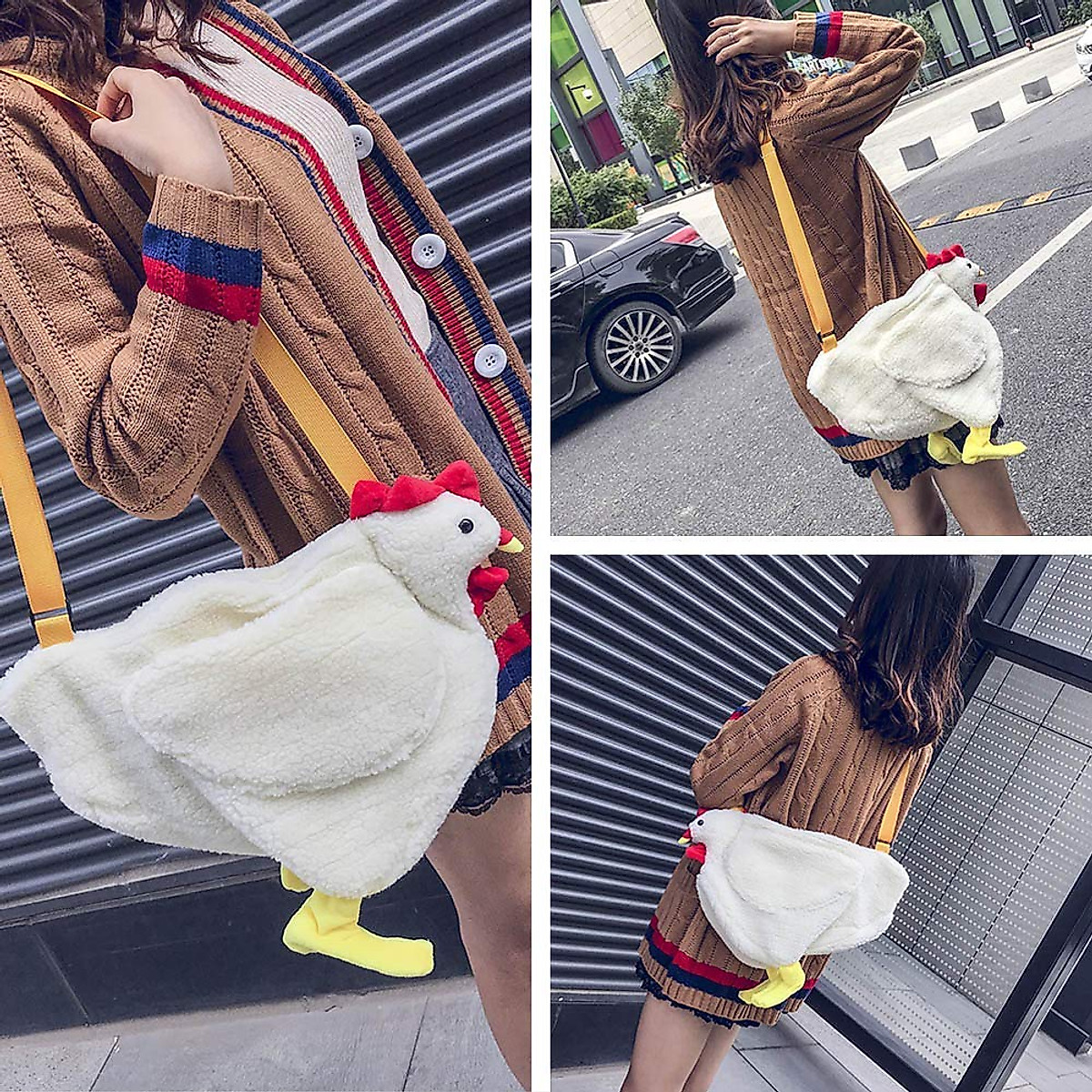 QQBOB Women Crossbody Bag Cartoon Chicken Pattern Large Capacity, Cute Casual Shoulder Bags Fleece Zipper Soft Plush Handbags, Gifts for Friends Daughter Girlfriend White