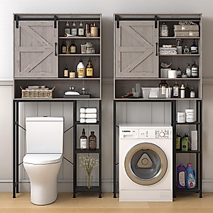 Pipleo Over The Toilet Storage Cabinet, 32.3''W Farmhouse Storage Cabinet Over Toilet with Sliding Door, Adjustable Bottom Bar, Freestanding Space Saver Toilet Rack for Bathroom, Laundry (Grey)