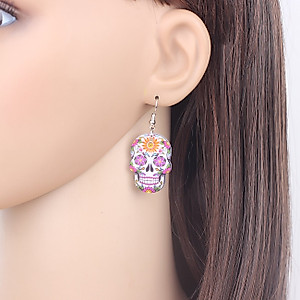 NEWEI Cute Halloween Sugar Skull Earrings Dangle Acrylic Skull Decor Gifts for Women Festival Charms (Purple)