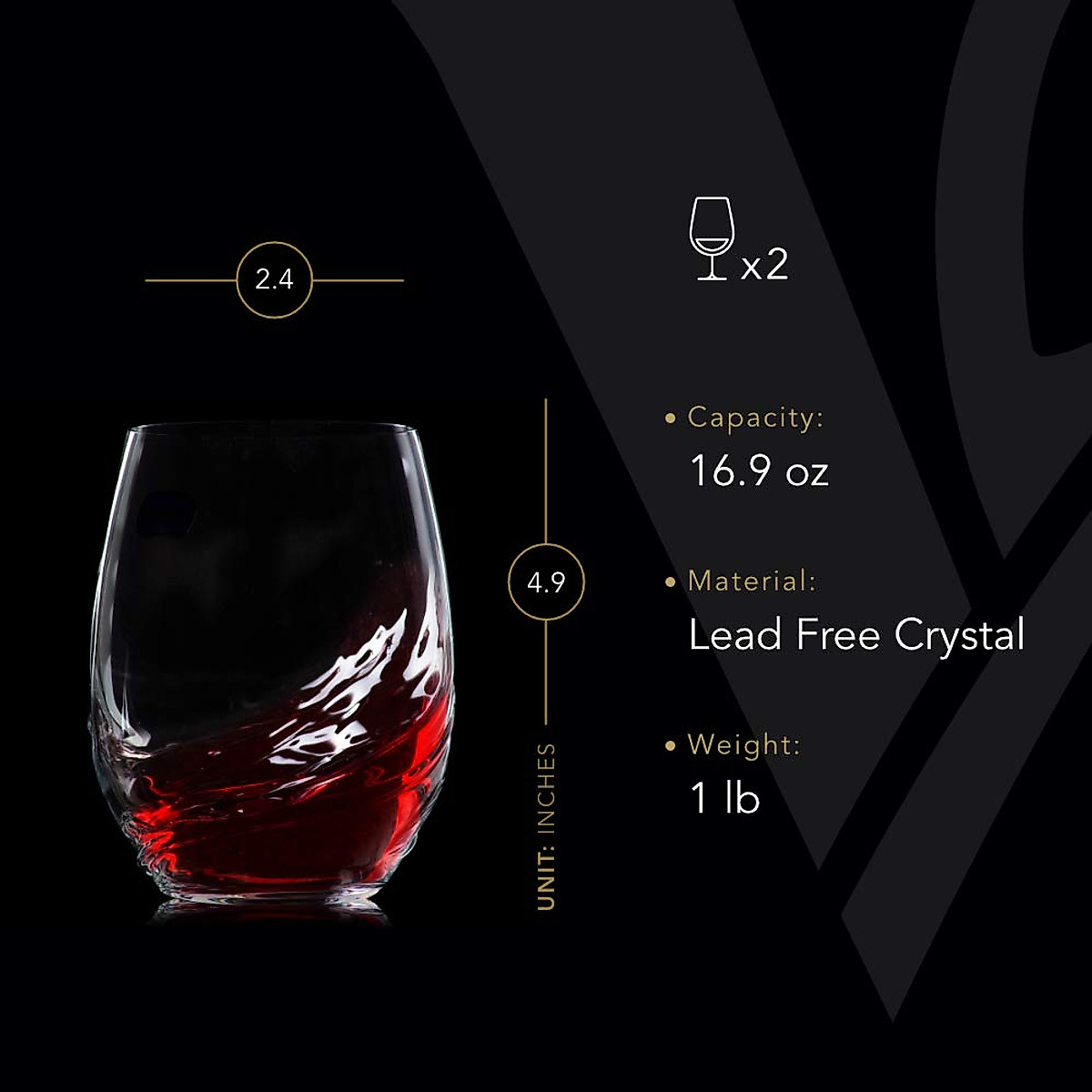 VC VEENU CRYSTAL Tumbler Glasses Set Of 2, Stemless Drinking Elegant Drinkware Glasses Set with Modern Lines, Dishwasher Safe, 100% Lead-Free Glass (16.9 Oz)