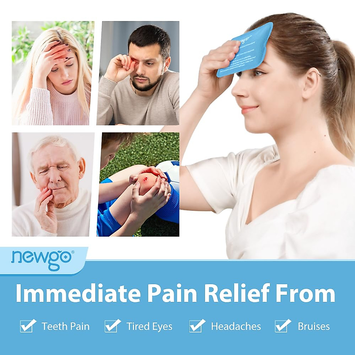 NEWGO Mini Ice Packs (6 Packs) Gel Cold Packs for Injuries Reusable, Face Ice Pack for Face Surgery, Teeth Pain, Tired Eyes, Kid's Boo Boos, Bruises, Headaches,Breastfeeding 4.5"X 3.2" Blue