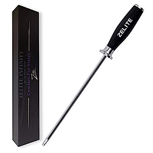 Zelite Infinity Honing Steel 10 Inch, Black Honing Steel Rod, Knife Sharpening Steel for Knives, Knife Steel Sharpener Rod, Knife Sharpener Rod, Knife Honing Rod - Magnetic Carbon Steel - Full Tang