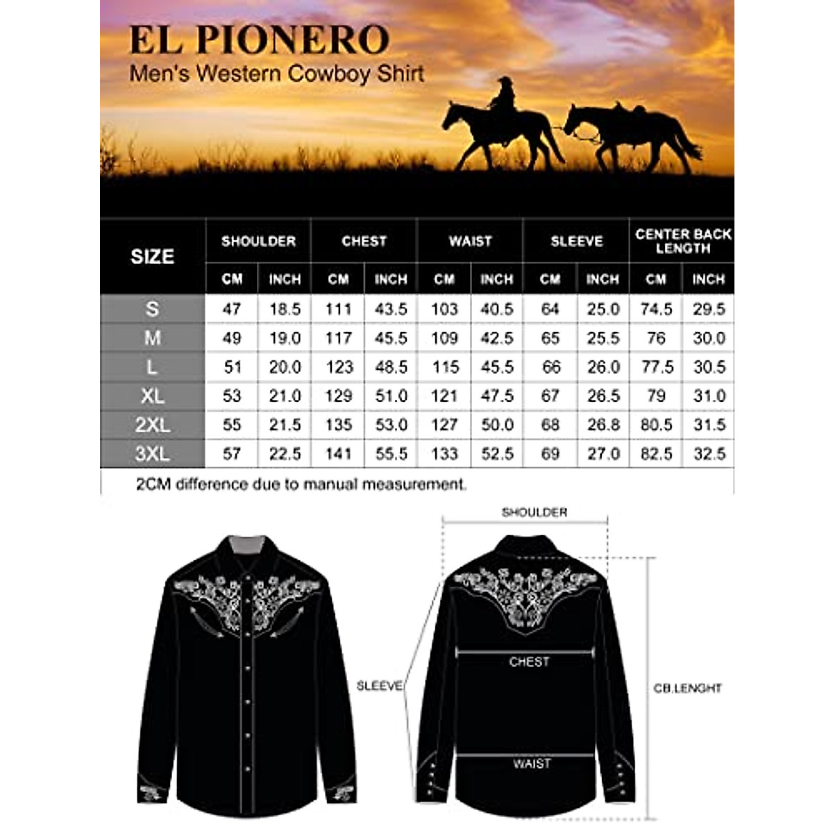 EL PIONERO Men's Western Shirt Long Sleeve Embroidered Cowboy Casual Snap Button Shirt Black-Yellow