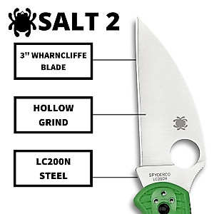 Spyderco Salt 2 Knife with Wharncliffe LC200N Steel Blade and Lightweight FRN Green Handle - PlainEdge - C88FPWCGR2