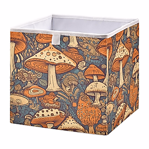Vnurnrn Collapsible Storage Cube Vintage Brown Mushroom Print, Storage Bins with Support Board, Foldable Basket for Shelf Closet Cabinet 11×11×11 in