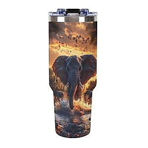 Elephants in Sunset Water Insulated Tumblers with Handle Stainless Steel Coffee Mug Funny Travel Cup with Lid Straw 40oz