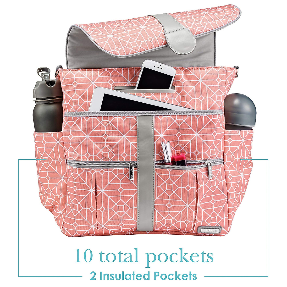 JJ Cole - Backpack, Gender Neutral Large Capacity Diaper Bag, Multifunctional, Stylish, with Stroller Clips and Changing Pad, Coral Tile