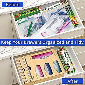 EAZE STORE Ziplock Bag Foil Plastic Wrap Dispenser Kitchen Drawer Organizer With Built-In Slider Cutter For Drawer Or Wall Mount Bamboo 6 In 1 Dispenser