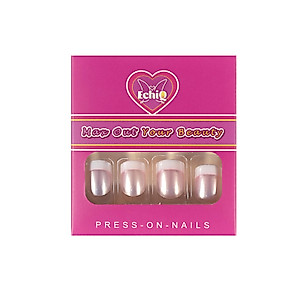 Pearl Shine Pink French Nail Press On Nails for Daily Wear White Round Fake Nails Short Glossy Satin Artificial Lady Fingernails with Adhesive Tabs
