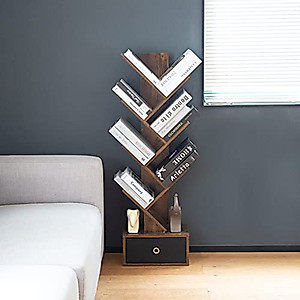 LAZYLAND Brown Bookshelf with Drawer, 6-Tier Floor Standing Tree Bookshelf, for CDs/Movies/Books, Utility Organizer Shelves for Home Office, Bedroom, Living Room