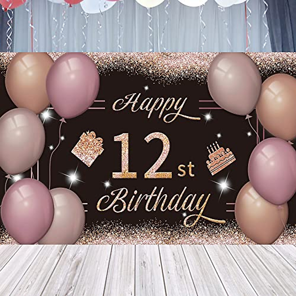 Happy 12st Birthday Backdrop Banner Black Pink 12th Sign Poster 12 Birthday Party Supplies for Anniversary Photo Booth Photography Background Birthday Party Decorations, 72.8 x 43.3 Inch