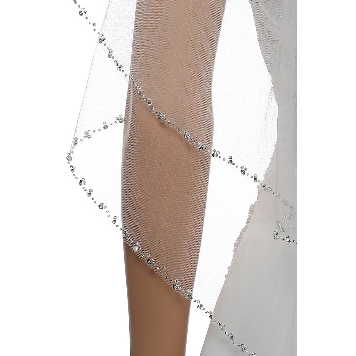 2T 2 Tier Silver Pearl Crystal Beaded Veil - Light Ivory Fingertip Length 36" V485
