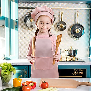 SUNLAND Kids Apron and Hat Set Children Chef Apron for Cooking Baking Painting (Pink, M)