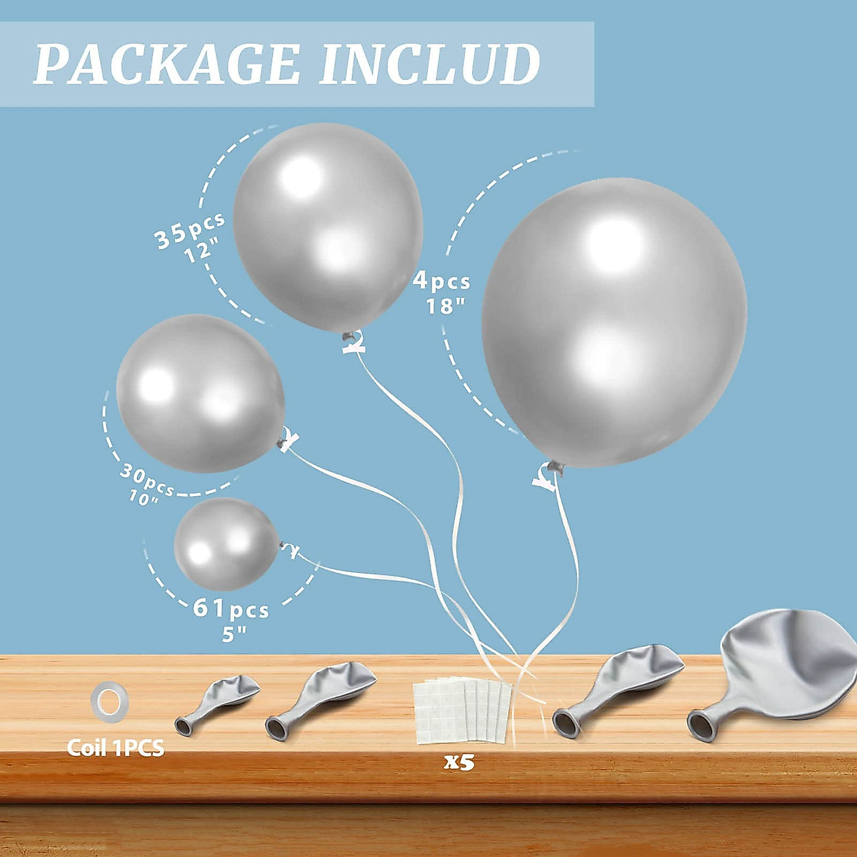 MOMOHOO 130PCS Silver Balloons Different Size, 5 10 12 18 Inch Metallic Silver Balloons Garland Kit Chrome Latex Balloons for Weddings, Anniversary, Celebration Party Decoration.