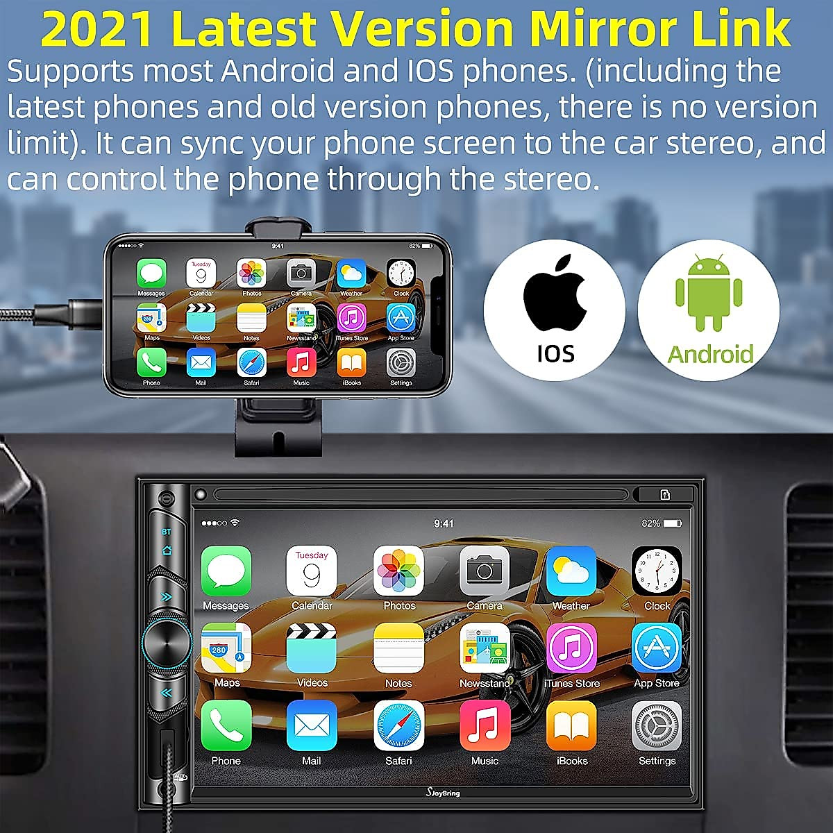 Double Din Car Stereo with Mirror Link for iOS & Android, 7" Full HD Capacitive Touchscreen Carplay, Support Backup/Front Camera, Bluetooth 5.0, Steering Wheel, AM/FM Car Audio Receivers