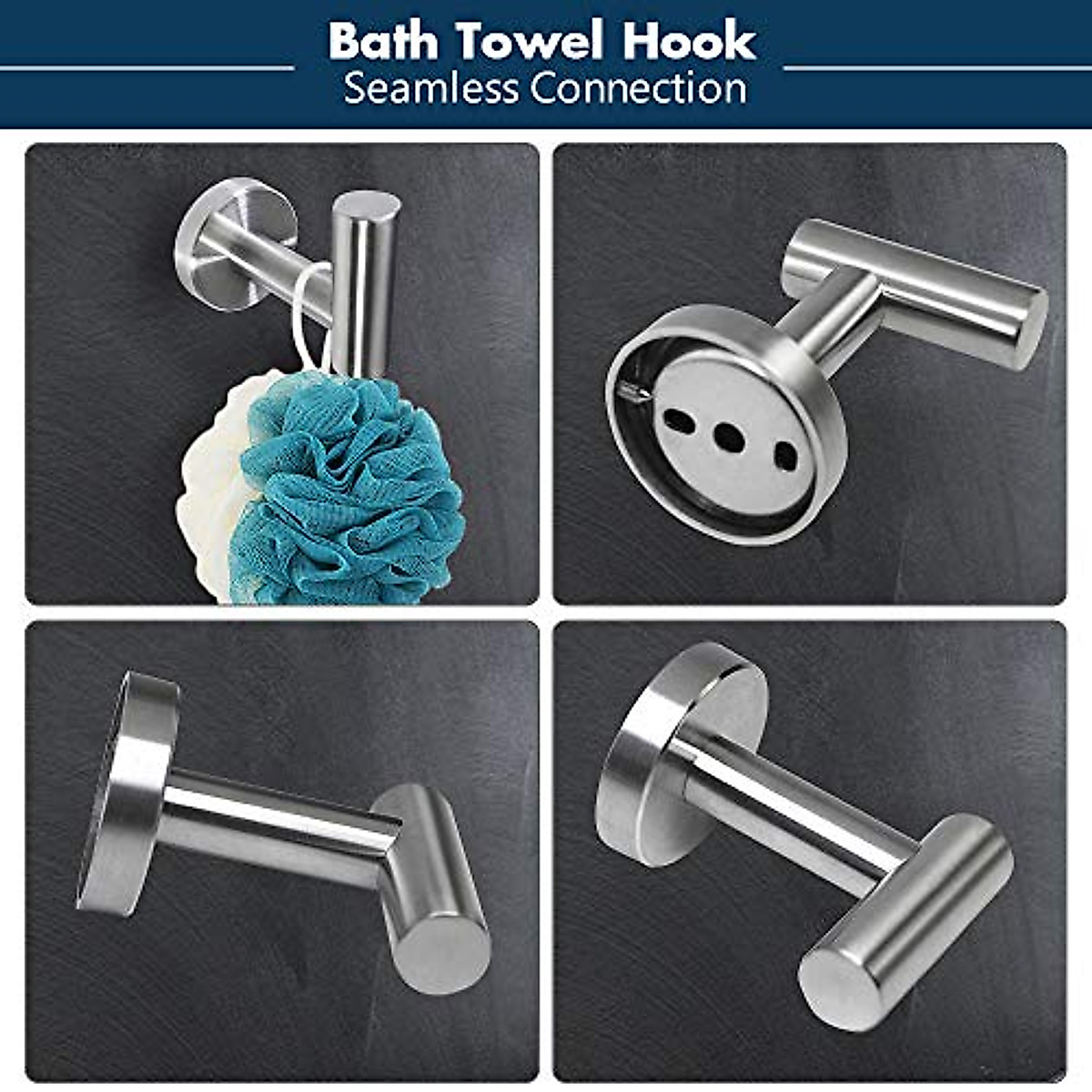 TocTen 4 Pack Bath Towel Hook Set, SUS 304Stainless Steel Robe Hook, Heavy Duty Bathroom Hook Include 2 Wall Mounted Coat Hooks 2 Adhesive Hooks Suitable for Kitchen Office Bathroom