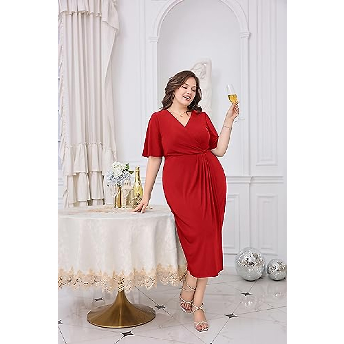 Plus Size Short Bell Sleeve Cocktail Dress Elegant Wear to Work Dress Red 5X