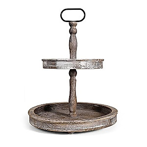 Farmhouse Tiered Tray Decor Stand, 2 Tier Round Wood Serving Tray with Oval Metal Handle, Rustic Wooden Tiered Tray Decor Holder, Wooden Cake Stand for Kitchen Counter or Coffee Table - Grayish White
