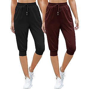 Syhood 2 Pack Women Capri Sweatpants Women's Drawstring Capris Casual Cropped Jogger Pants with Pockets (Black, Burgundy, XX-Large)