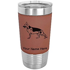 LaserGram 20oz Vacuum Insulated Tumbler Mug, German Shepherd Dog, Personalized Engraving Included (Faux Leather, Dark Brown)