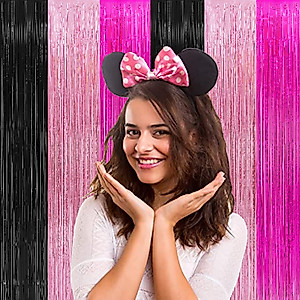 WIQEDOHA 3 Pack Foil Curtains-8x9.84 Ft Rose Red Pink and Black Fringe Metallic Backdrop Curtain for Minie Mouse Themed Baby Shower Birthday Nursery Party Decorations