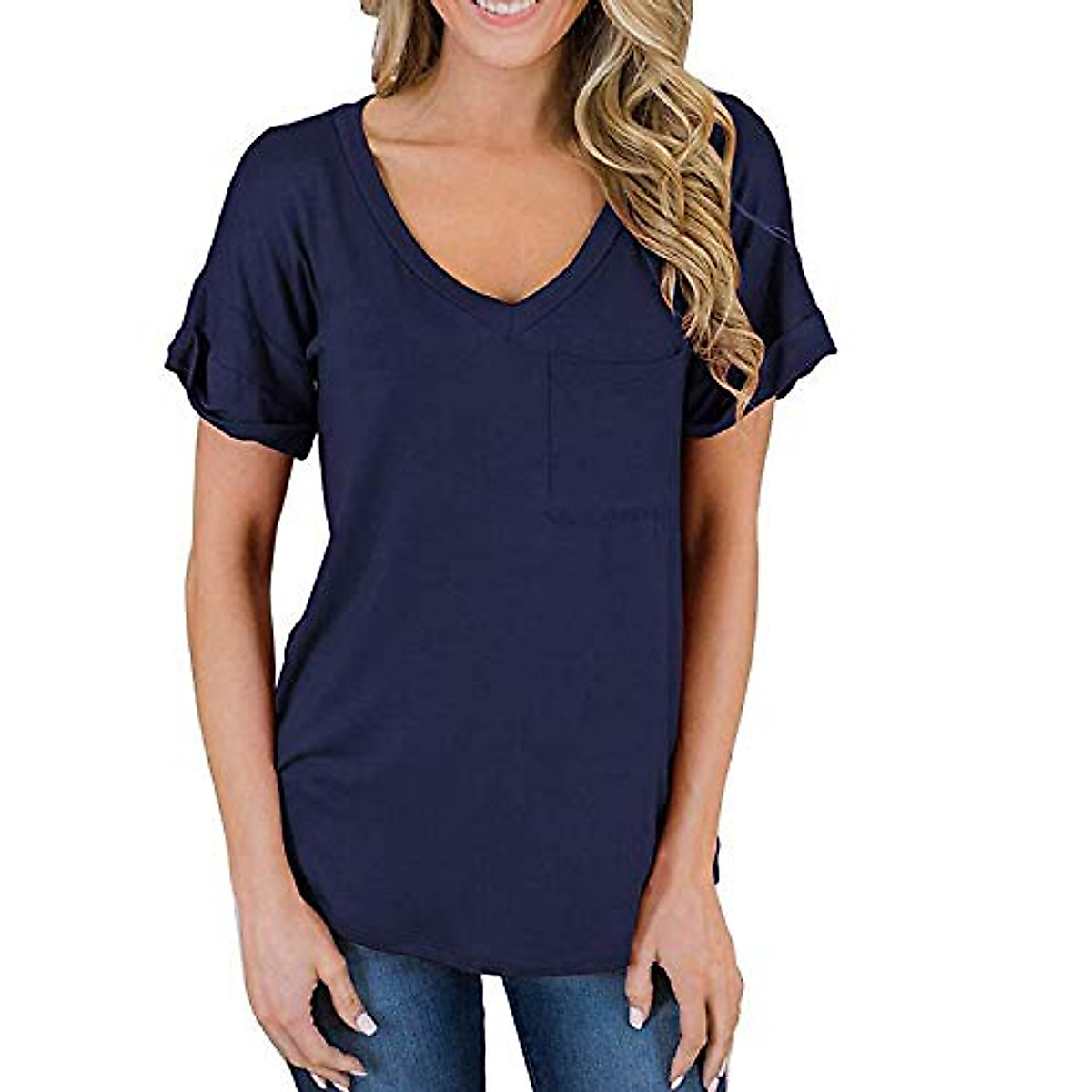 Iusun Women Short Sleeve T-Shirts Casual V-Neck Pocket Ruffled Loose Solid Color Tee Tops Tunic Tank Vest Blouse