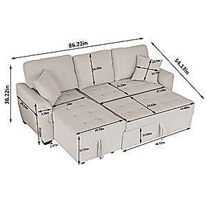 Melpomene Upholstered Sectional Sofa Couch, Convertible Pull Out Bed Sleeper Sofa with Storage 3 Seater L Shaped Couch with 2 Pillows,Linen Fabric Corner Sofa for Living Room(Beige)