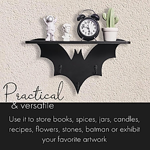 SEREIINO Spooky Bat Floating Shelf - Gothic Wall Coffin Shelf for Bedroom - Halloween Batman Wall Decor for Oddities and Curiosities - Black Crystal Shelves with 3 Key Hooks - Witchy Gifts for Women