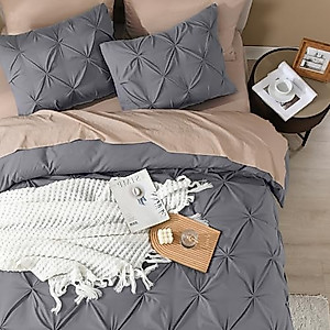 Litanika Queen Grey Pinch Pleat Duvet Cover, 3 Pieces Pintuck Cover Soft Microfiber Bedding Set with Zipper Closure & Corner Ties(104x90Inch-1 Duvet Cover, 2 Pillowcases)