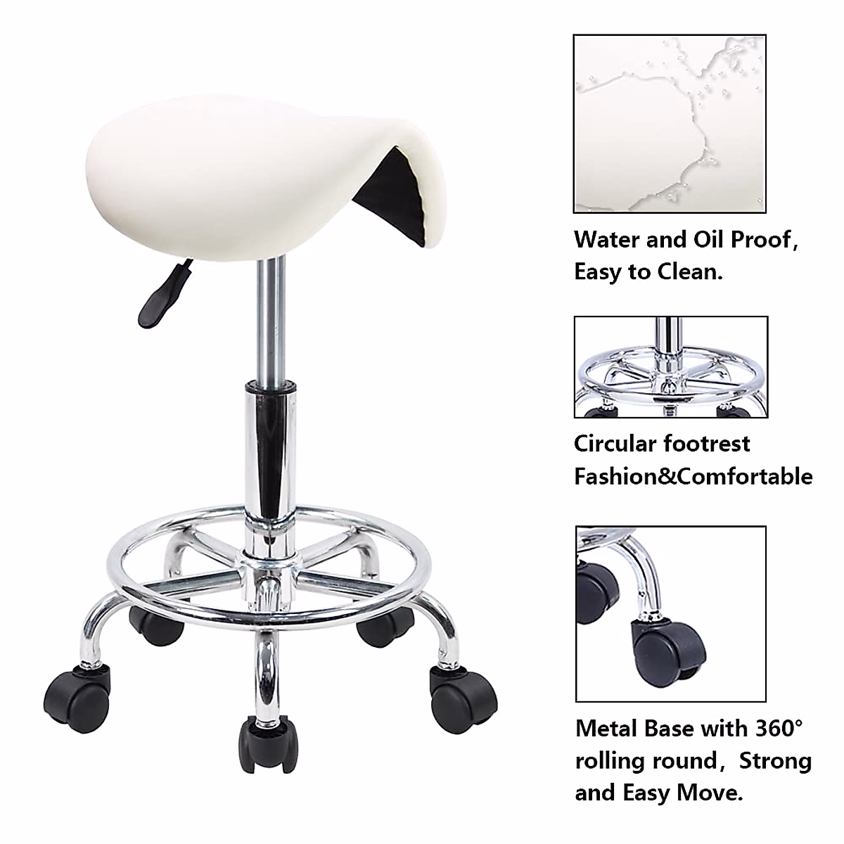 KKTONER Saddle Stool with Foot Rest PU Leather Swivel Adjustable Rolling Stool with Wheels Facial Salon Chair (White)