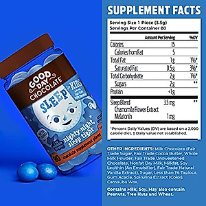Good Day Chocolate Natural Melatonin for Kids, Sleep Supplement, 1mg Melatonin, Fair Trade and Non-GMO Milk Chocolate, Chamomile, 80 Pieces