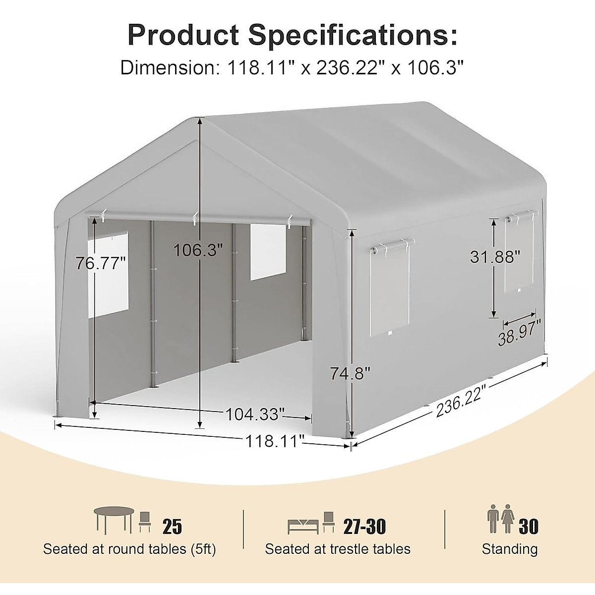 Morngardo Carport 10'x20' Heavy Duty Car Canopy Portable Garage with Roll-up Windows, Removable Sidewalls & Doors for Truck Boat Car Port, Party, Storage (Grey)
