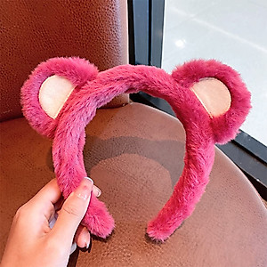 ZHOUMEIWENSP Bear Ears Cute Headband Fluffy Hairband, Animal Head Wear for Party Celebrations Cosplay Dress up Costume Makeup Washing Face Kids Adults Women Gift (Rose red)