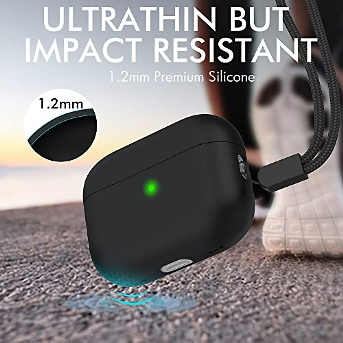 NIUTRENDZ AirPods Pro 2 Case Cover 2022 Slim Silicone Shock-Absorbing Protective Case with Lanyard [Front LED Visible] (Black)