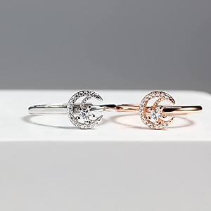 Meissa Sterling Silver Adjustable Ring for Women Crescent Moon and Star Ring Cubic Zirconia Silver Rose Gold Pleated Constellation Ring Gold
