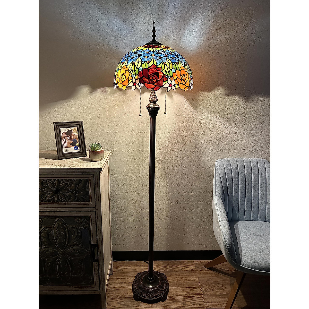 enjoy decor lamps Tiffany Floor Lamp Red Orange Blue Stained Glass Rose Flowers Included LED Bulbs for Living Room Bedroom Office Hotel H64*W16 in