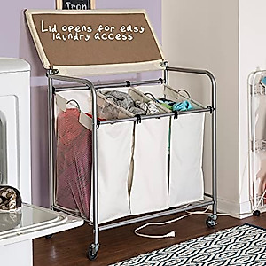 Triple Laundry Sorter with Ironing Board, 3-bin, Locking wheels, Natural