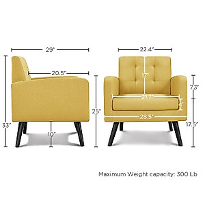 Yaheetech Mid-Century Accent Chairs, Modern Upholstered Living Room Chair, Cozy Armchair Button Tufted Back and Wood Legs for Bedroom/Office/Cafe, Set of 2, Yellow