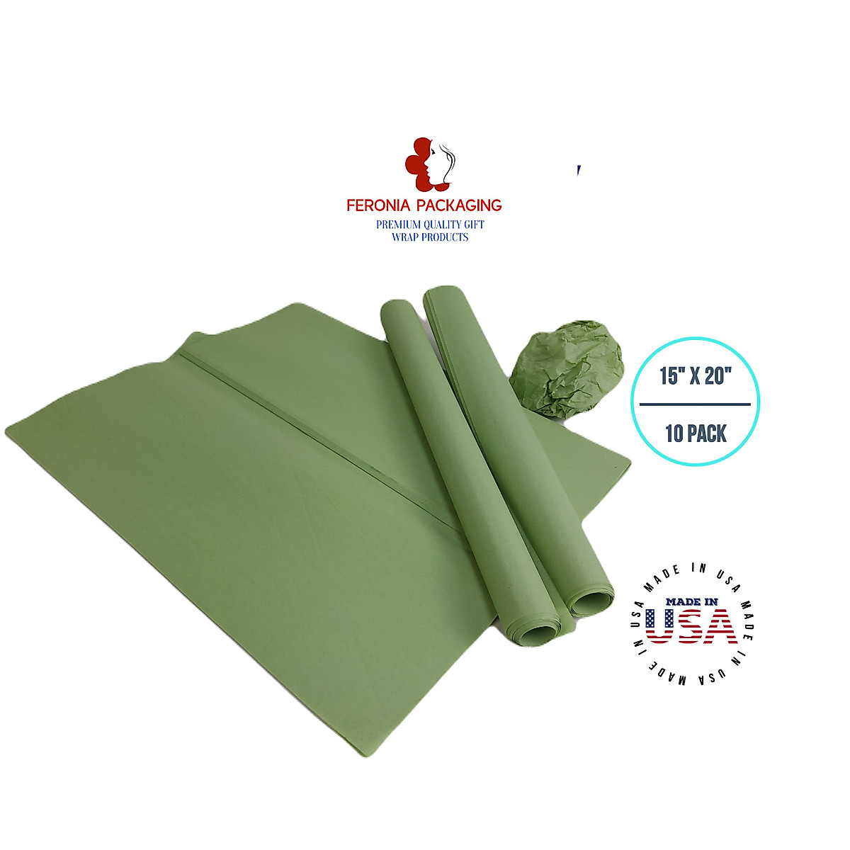 Feronia packaging Sage Tissue Paper Squares, Bulk 10 Sheets, Premium Gift Wrap and Art Supplies for Birthdays, Holidays, or Presents, Large 15 Inch x 20 Inch Made in USA