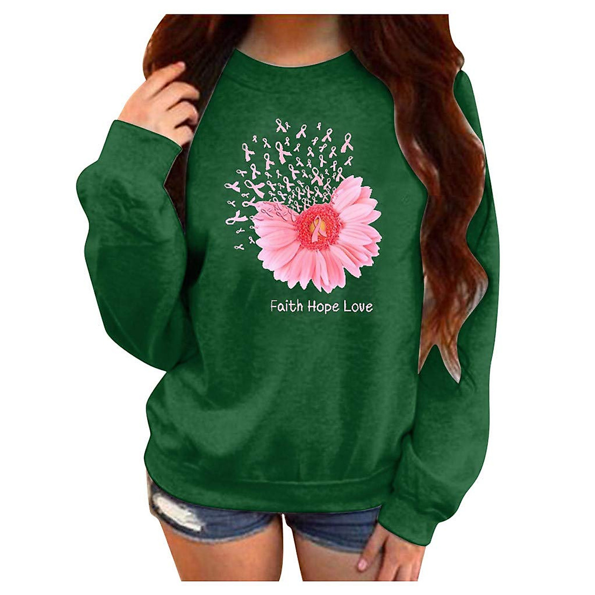 TozuoyouZ Women's Winter Letter Printing - Faitn Hope Love - Round Neck Long Sleeve Plus Velvet Sweatshirt Blouse T-Shirt Tops (Green,4XL)
