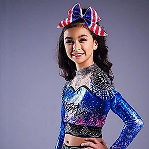 OAOLEER 6 Count USA Cheer Hair Bows, 8In Grosgrain Ribbon Boutique Large Cheerleader Bows with Elastic Tie Band for Competition, Independence Day, Girls, Teens, Kids, Blue / Red / White