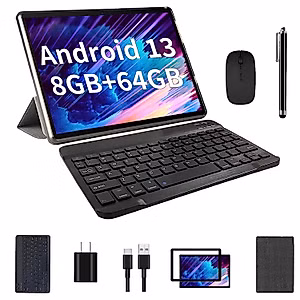 TUOHAITIME 10inch Android13 Tablet, 8GB+64GB with Case, Keyboard, Mouse, Stylus, 1.8GHz Octa Core, 1280 * 800 HD Touch Screen, Dual Camera, Wi-Fi6, Bluetooth Tableta PC with Netflix