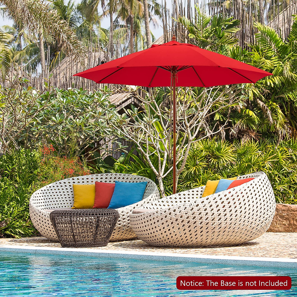 Tangkula 9.5 FT Red Wooden Pulley Umbrella with 8 Fiberglass Ribs, Rope Pulley Mechanism, and Vented Canopy for Patio, Deck, Poolside, Garden, Lawn, Terrace