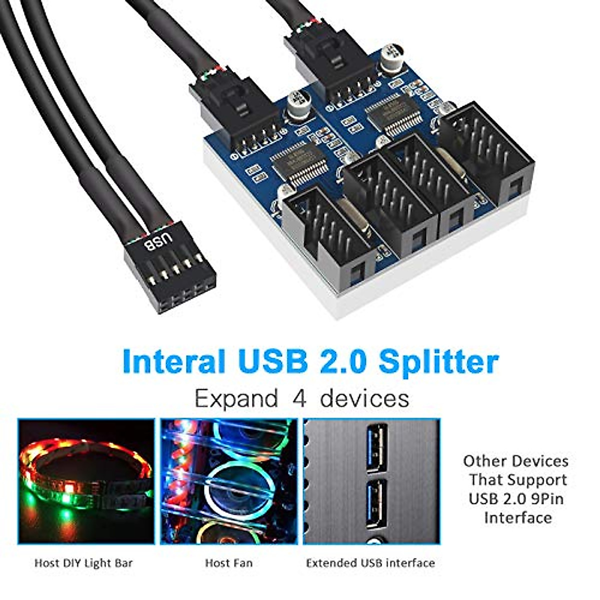 Kowlone Motherboard 9 Pin USB Header Splitter, Male 1 to 4 Female Extension Splitter Cable Desktop Card 9-Pin USB 2.0 HUB Connector Adapter Port Multiplier