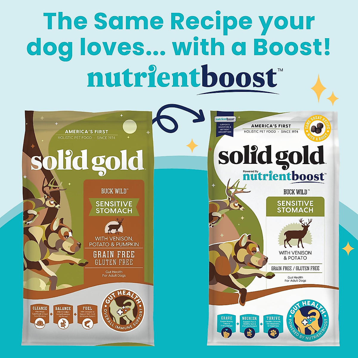 Solid Gold Dry Dog Food for Adult & Senior Dogs - Made w/Real Venison, Potato, & Pumpkin - Nutrientboost Buck Wild Sensitive Stomach Dog Food for Protein Sensitivities & Gut Health - 22 LB