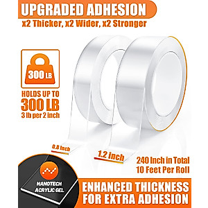 2 Rolls Total 20FT Double Sided Tape Heavy Duty (0.8" & 1.2" Width) Removable & Reusable Multipurpose Transparent Wall Mounting Tape, Strong Adhesive Tape for Home Decoration Office Outdoor, 240 Inch