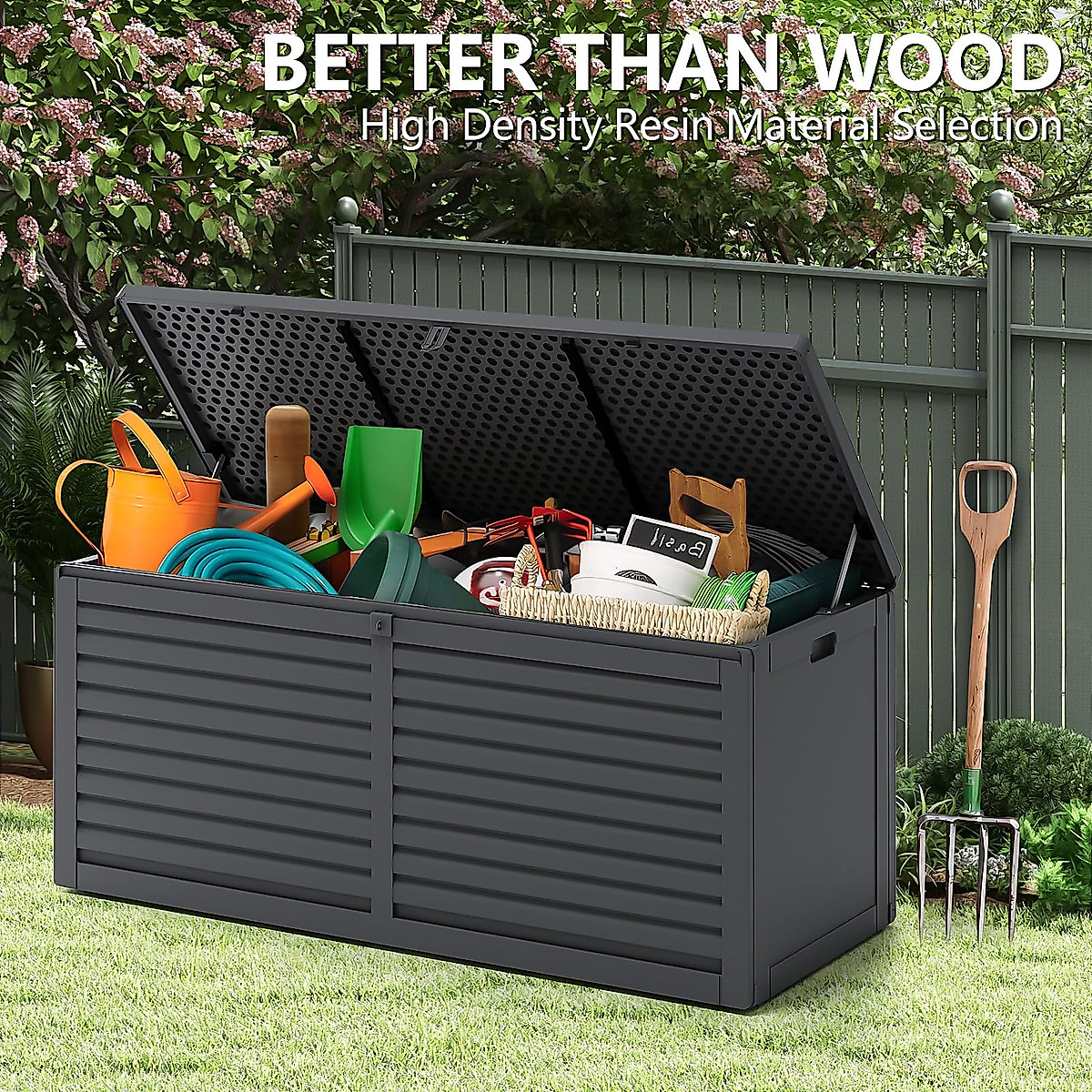 YOFE 130 Gallon Storage Deck Box,Waterproof Storage Cabinet, UV Resistant Lockable Plastic Storage Bench for Patio Cushions,Garden Tools (DarkGray)