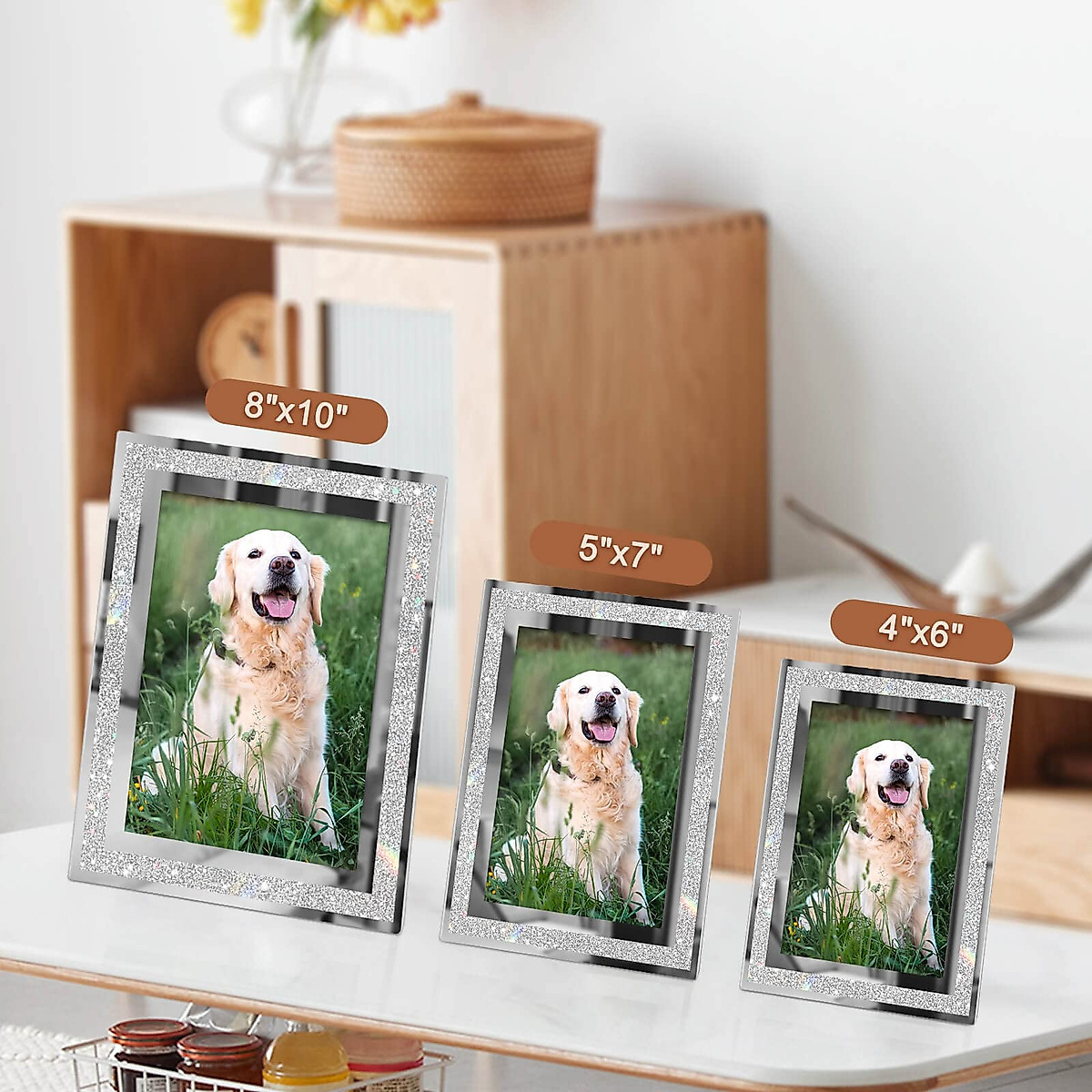 IZIDDO 8x10 Picture Frames Set of 2, Glitter Photo Frame for Tabletop, Silver Glass Picture Frame, Graduation Gifts for Her, Horizontally or Vertically