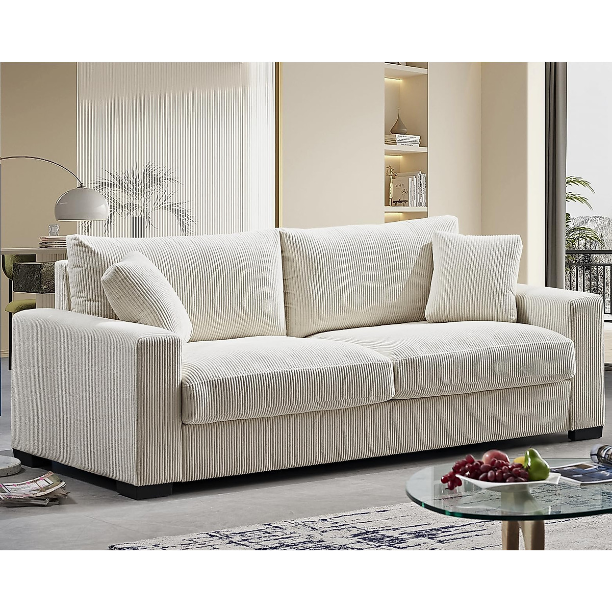 Container Furniture Direct Luxe Corduroy Sofa with 2 Toss Pillows, Spacious and Comfortable 3 Seater Couch for Modern Living Room, Ideal for Entertainment and Cozy Moments, 89" Wide, Beige