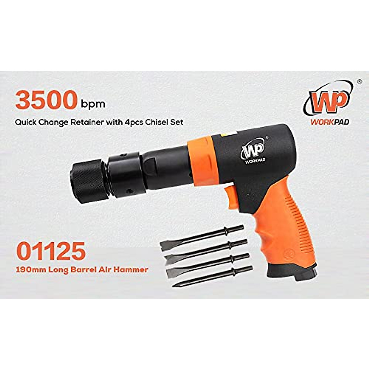 WORKPAD 190mm Long Barrel Air Hammer with Quick Change Chisel Retainer and 4-Piece Chisels Set, Pneumatic Tools